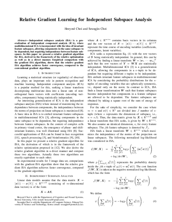 Pdf Relative Gradient Learning For Independent Subspace Analysis