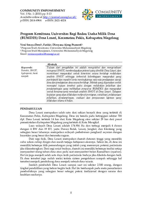 (PDF) Program Kemitraan Universitas Bagi Badan Usaha Milik Desa (BUMDES) Desa Losari, Kecamatan ...