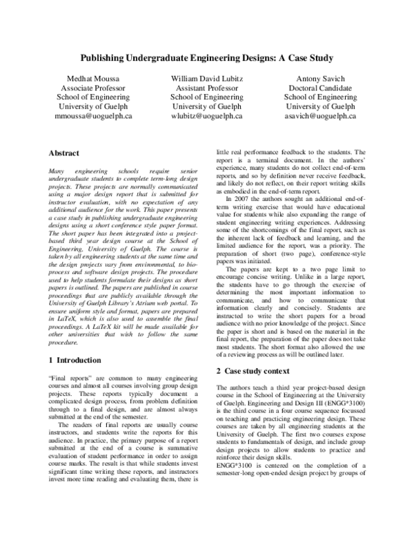 (PDF) Publishing undergraduate engineering designs, a case study