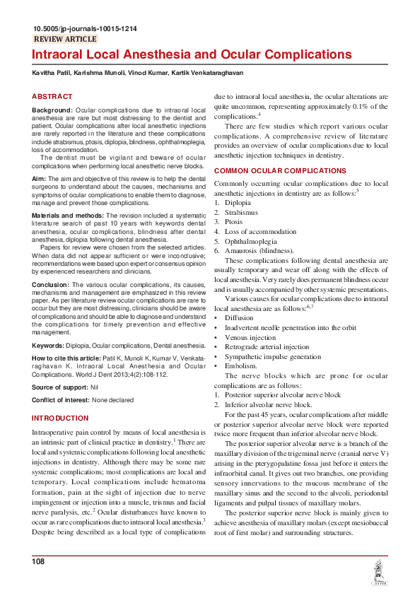 (PDF) Intraoral Local Anesthesia and Ocular Complications