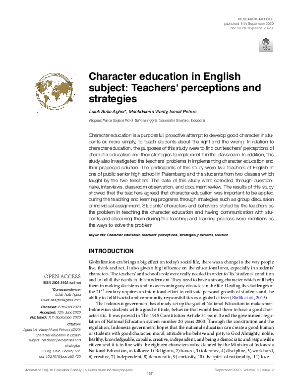 (PDF) Character education in English subject: Teachers' perceptions and ...