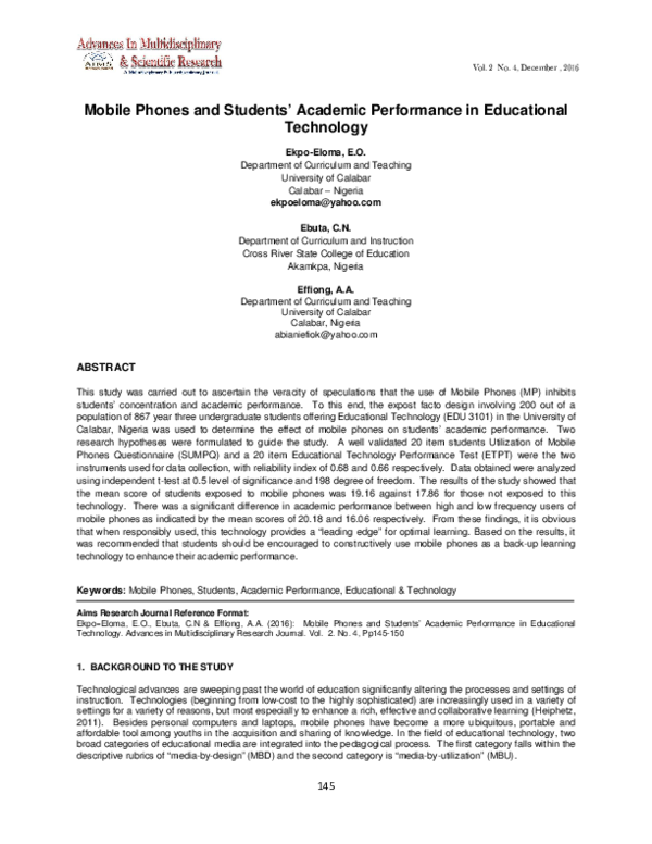 (PDF) Mobile Phones and Students’ Academic Performance in Educational ...