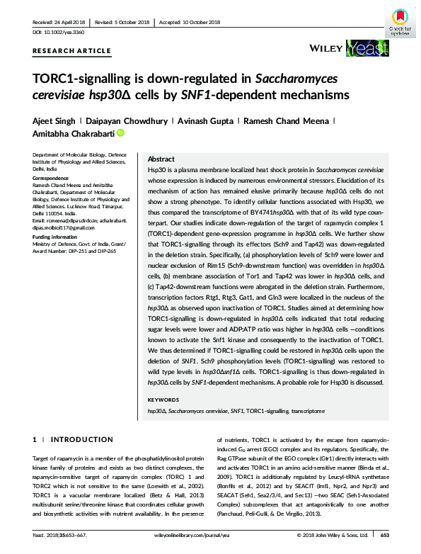 (PDF) TORC1-signalling is down-regulated in Saccharomyces cerevisiae ...