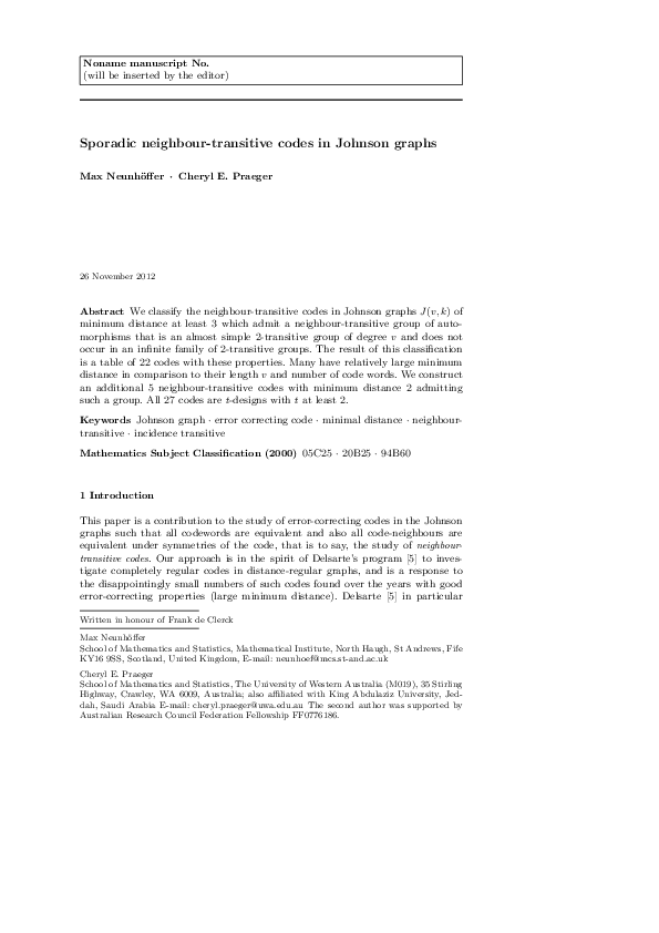 (PDF) Sporadic neighbour-transitive codes in Johnson graphs