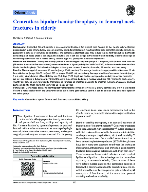 (PDF) Cementless bipolar hemiarthroplasty in femoral neck fractures in ...