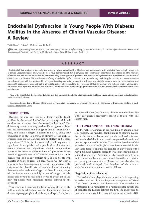 (PDF) Endothelial Dysfunction in Young People With Diabetes Mellitus in ...