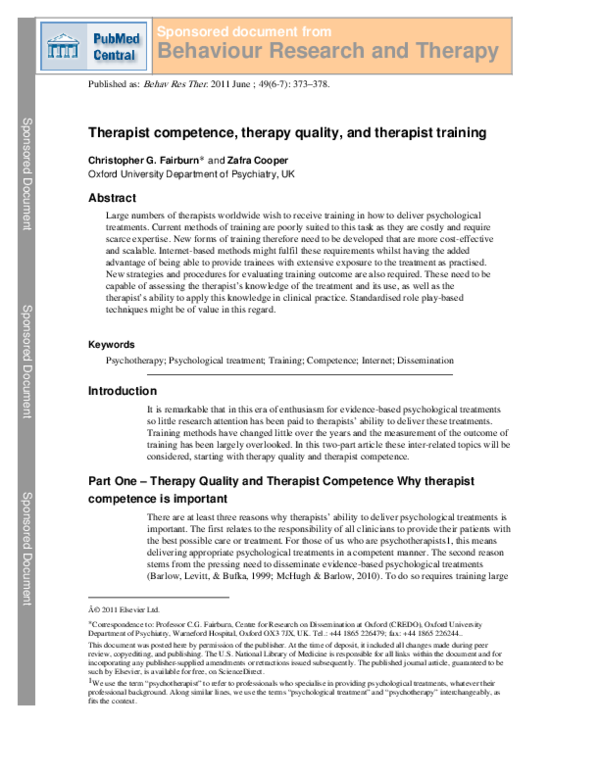 (PDF) Therapist competence, therapy quality, and therapist training