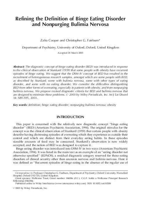 (PDF) Refining the definition of binge eating disorder and nonpurging ...