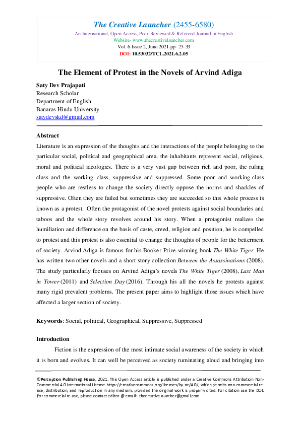 (PDF) The Element of Protest in the Novels of Arvind Adiga