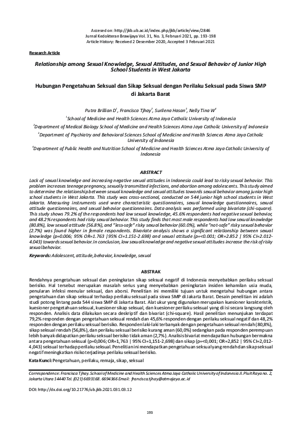 (PDF) Relationship among Sexual Knowledge, Sexual Attitudes, and Sexual Behavior of Junior High ...