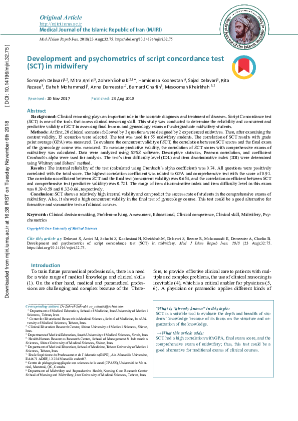 (PDF) Development and psychometrics of script concordance test (SCT) in ...