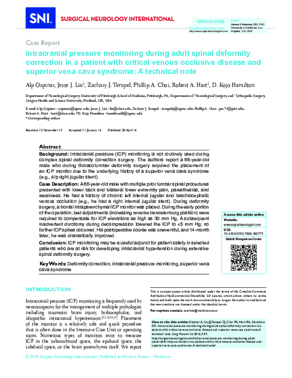 (PDF) Intracranial pressure monitoring during adult spinal deformity ...