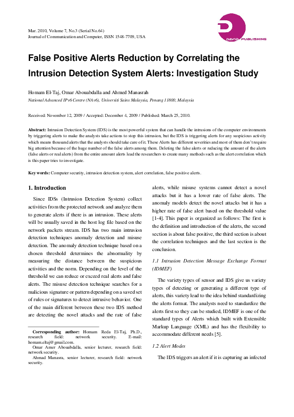 (PDF) False Positive Reduction by Correlating the Intrusion Detection ...