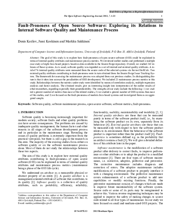 Pdf Fault Proneness Of Open Source Software Exploring Its Relations To Internal Software
