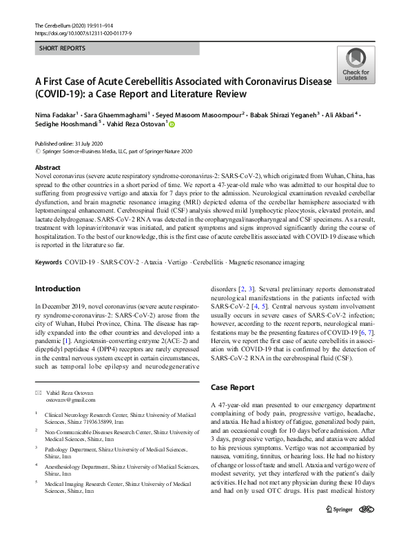 (PDF) A First Case of Acute Cerebellitis Associated with Coronavirus ...