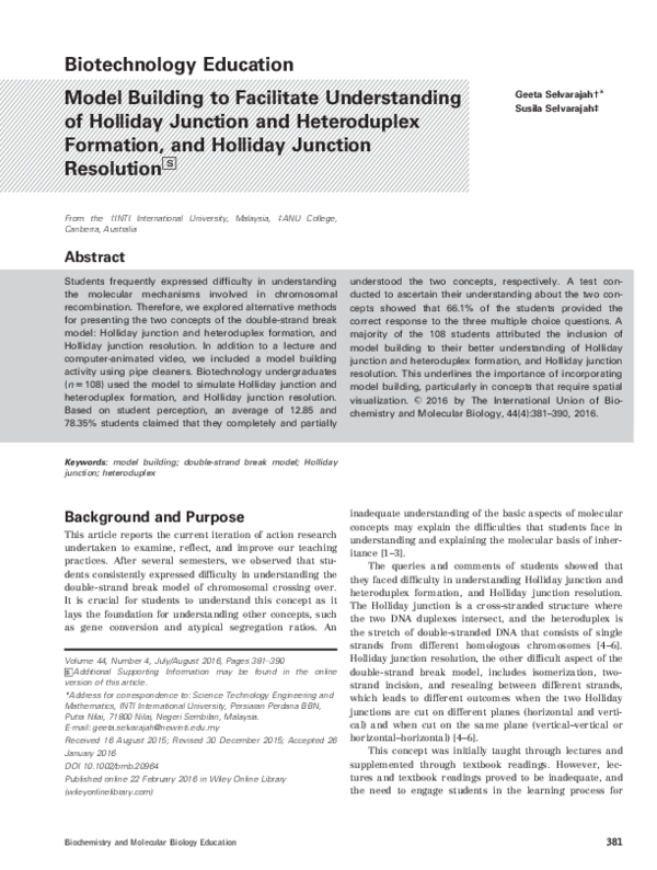 (PDF) Model building to facilitate understanding of holliday junction ...