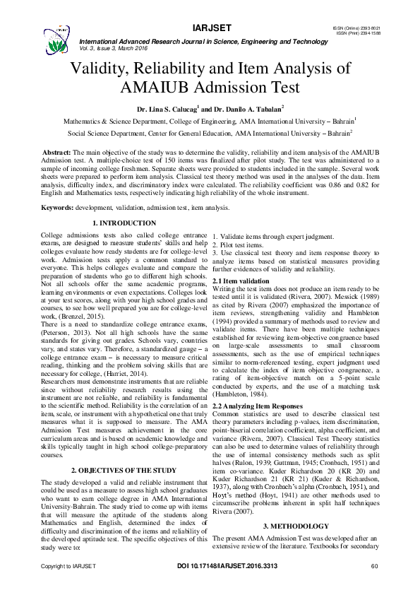 (PDF) Validity, Reliability and Item Analysis of AMAIUB Admission Test