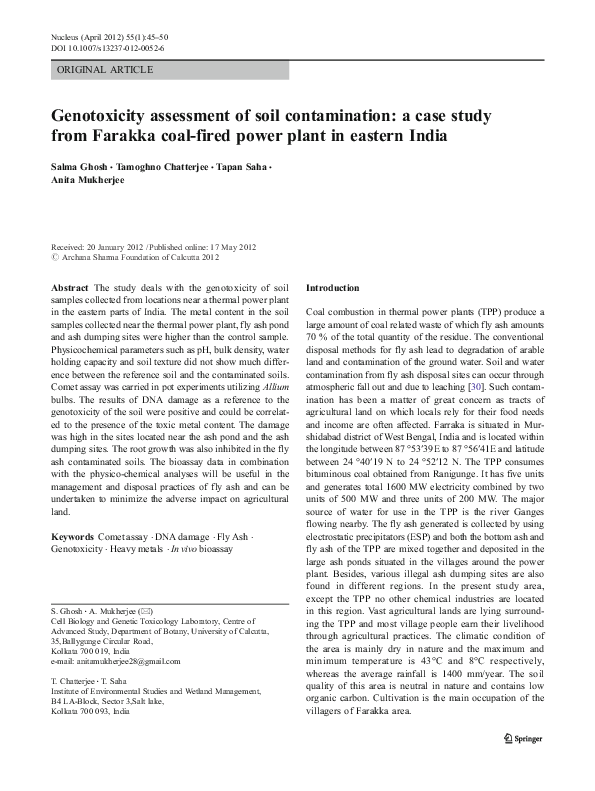 (PDF) Genotoxicity of Soil Near Farakka Thermal Power Plant
