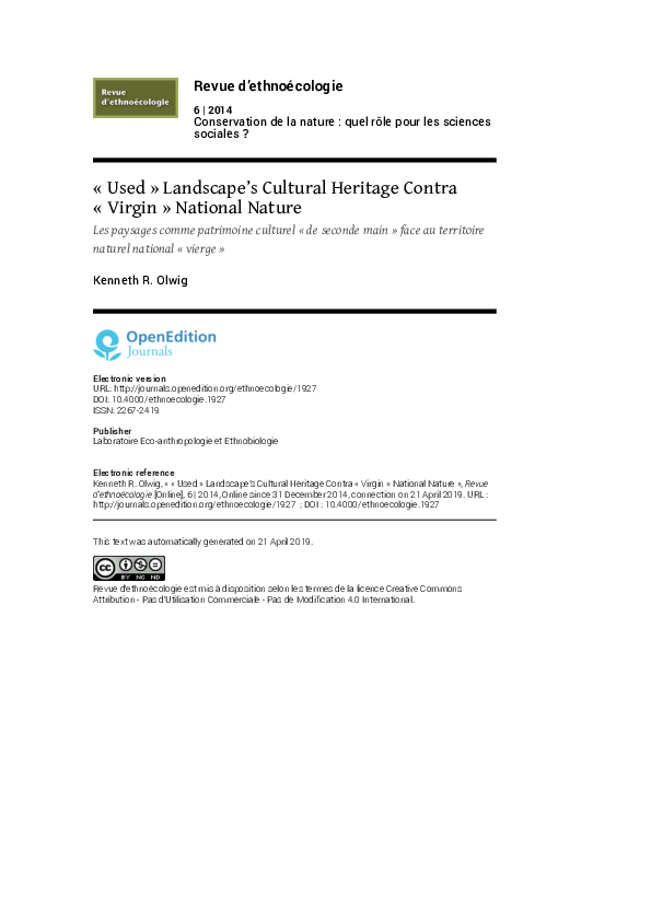 (PDF) « Used » Landscape’s Cultural Heritage Contra « Virgin » National ...