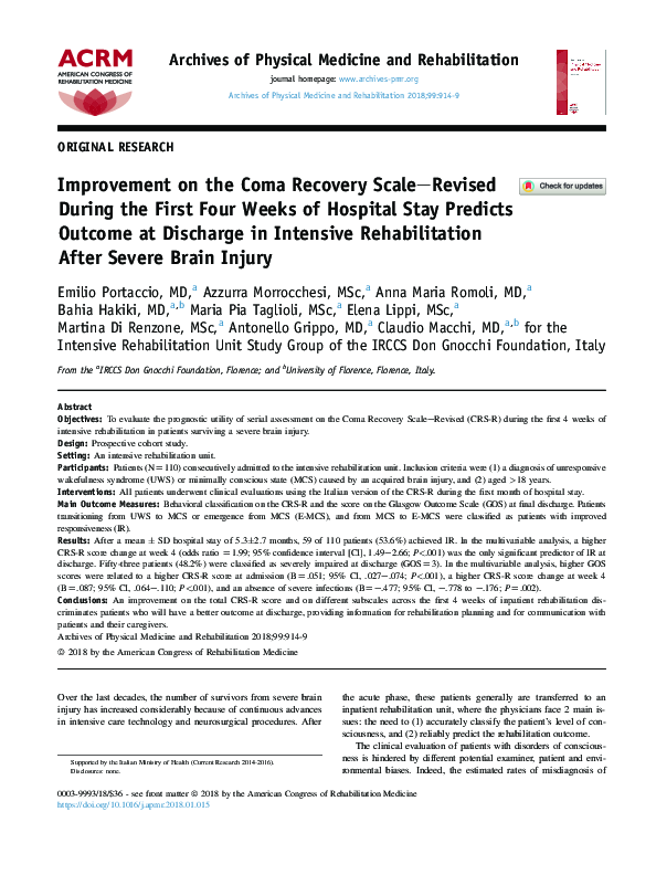 (PDF) Improvement on the Coma Recovery Scale-Revised During the First ...