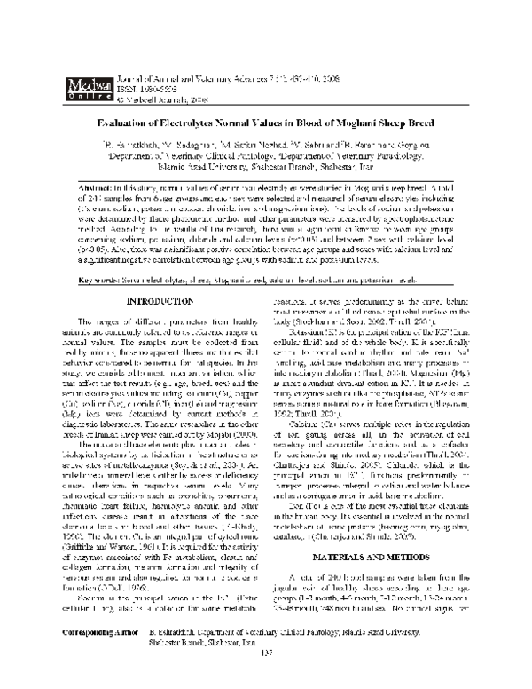 (PDF) Evaluation of Electrolytes Normal Values in Blood of Moghani ...