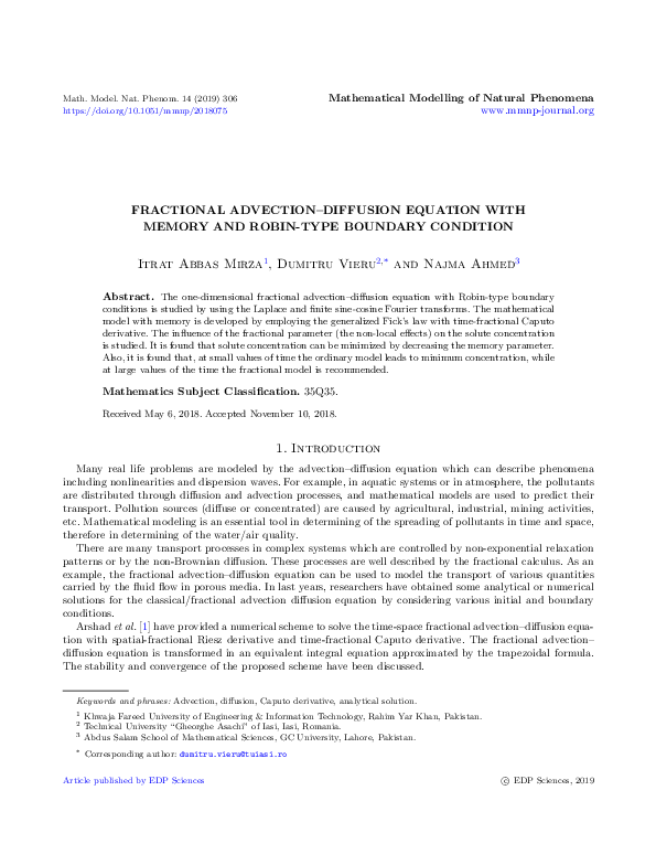Pdf Fractional Advectiondiffusion Equation With Memory And Robin Type Boundary Condition