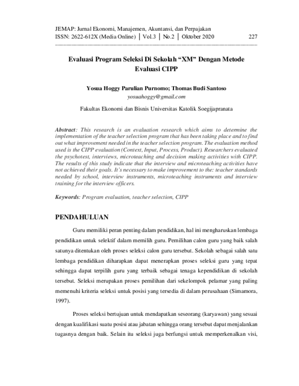 (PDF) Evaluasi Program Seleksi Di Sekolah “XM” Dengan Metode Evaluasi CIPP