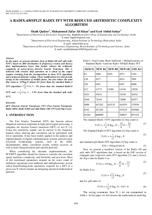 (PDF) A RADIX-4/8/SPLIT Radix FFT with Reduced Arithmetic Complexity Algorithm