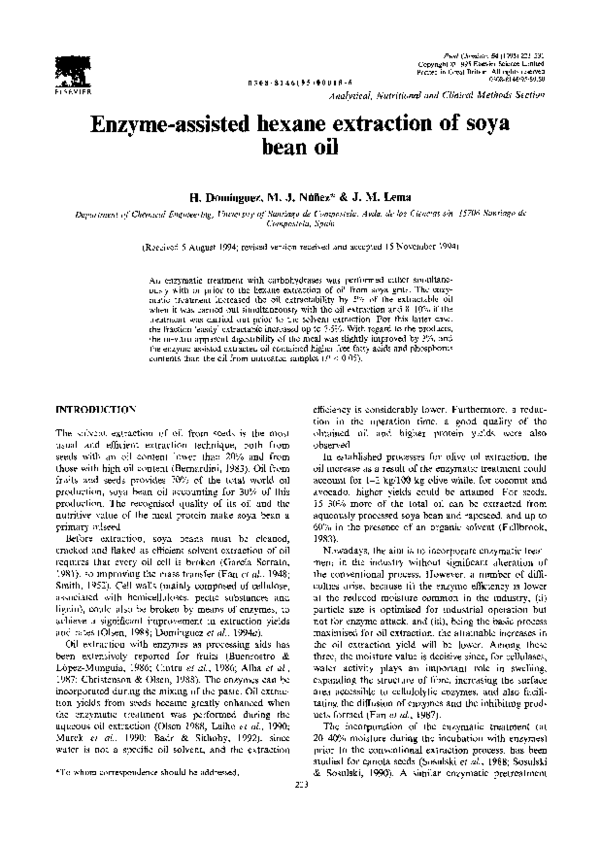 (PDF) Enzyme-assisted hexane extraction of soya bean oil