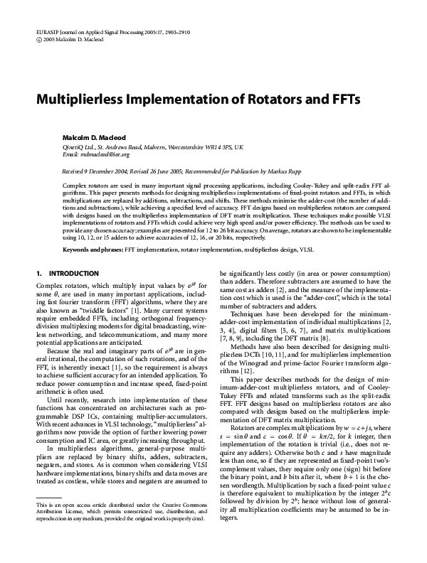 Pdf Multiplierless Implementation Of Rotators And Ffts 9608