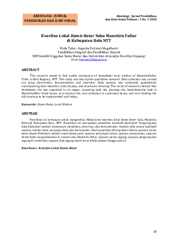 (PDF) Kearifan Lokal Hamis Batar Suku Manehitu Fafiur Di Kabupaten Belu NTT