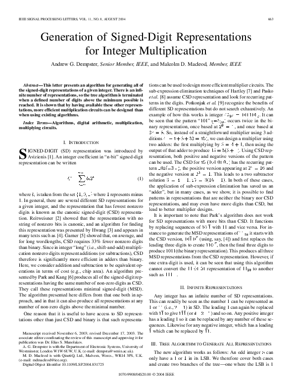 (PDF) Generation of Signed-Digit Representations for Integer Multiplication