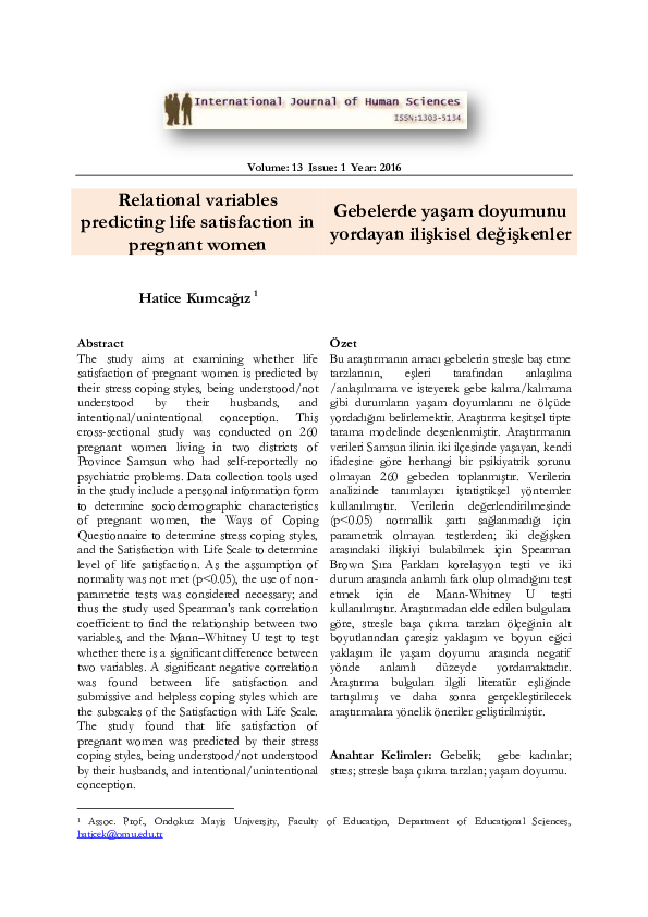Pdf Relational Variables Predicting Life Satisfaction In Pregnant