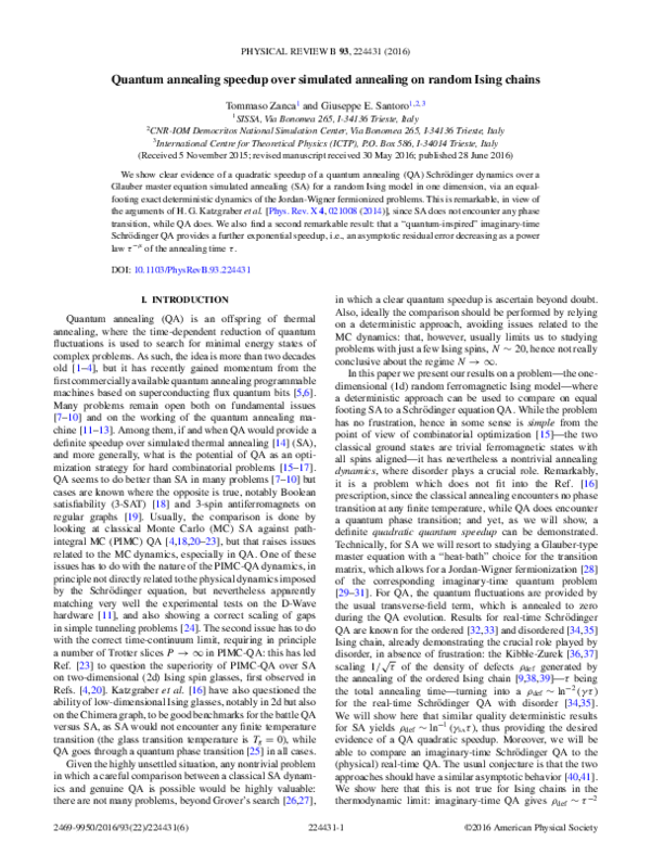 (PDF) Quantum annealing speedup over simulated annealing on random ...