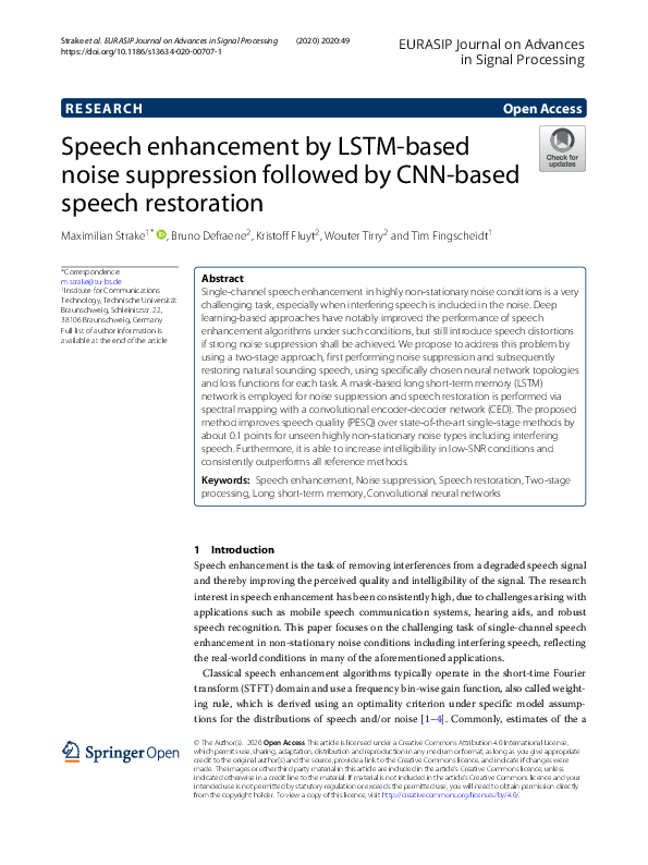 (PDF) Speech enhancement by LSTM-based noise suppression followed by CNN-based speech restoration