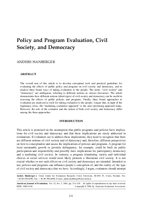 (PDF) Policy and Program Evaluation, Civil Society, and Democracy