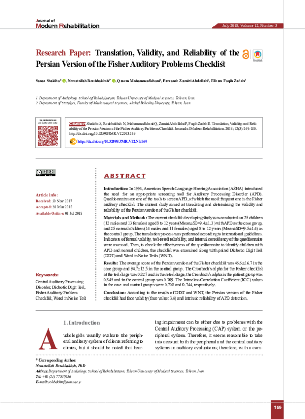 (PDF) Translation, validity, and reliability of a persian version of ...