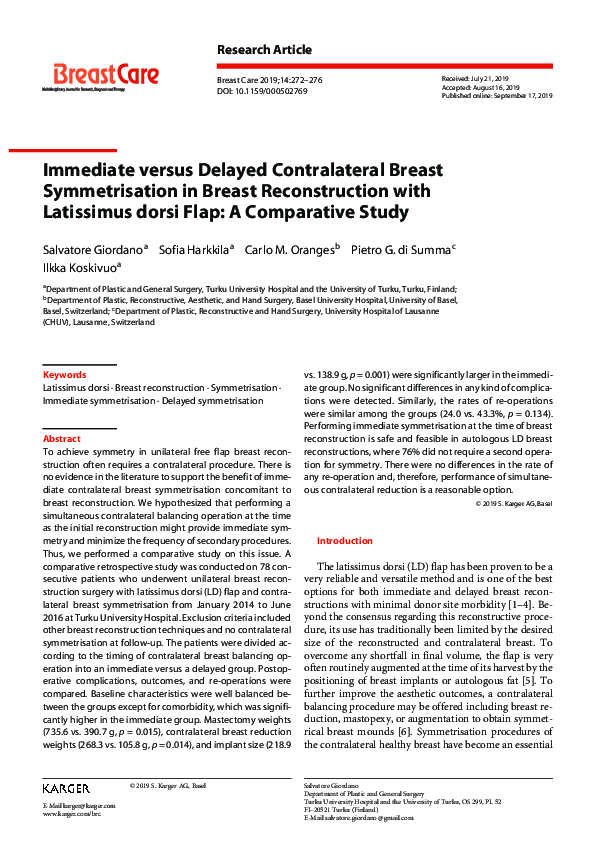 (PDF) Immediate versus Delayed Contralateral Breast Symmetrisation in ...