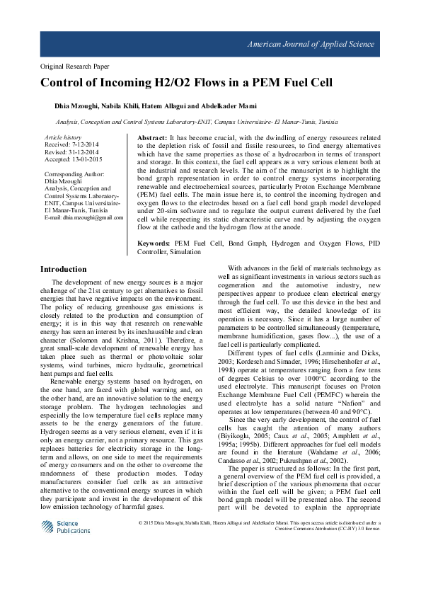 (PDF) Control of Incoming H2/O2 Flows in a PEM Fuel Cell