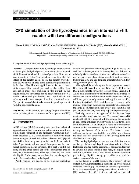(PDF) CFD simulation of the hydrodynamics in an internal air-lift reactor with two different ...