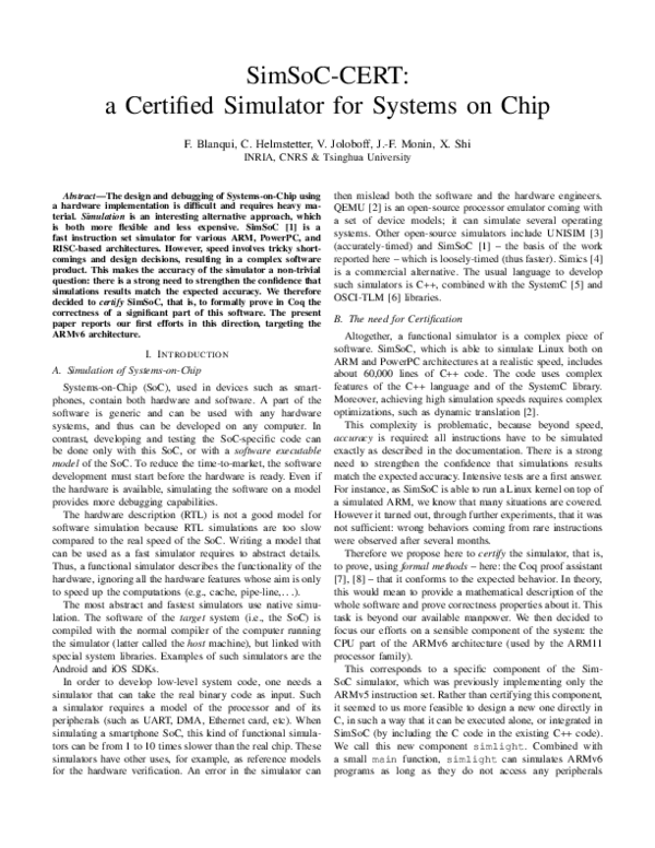 (PDF) SimSoC-CERT: a Certified Simulator for Systems on Chip