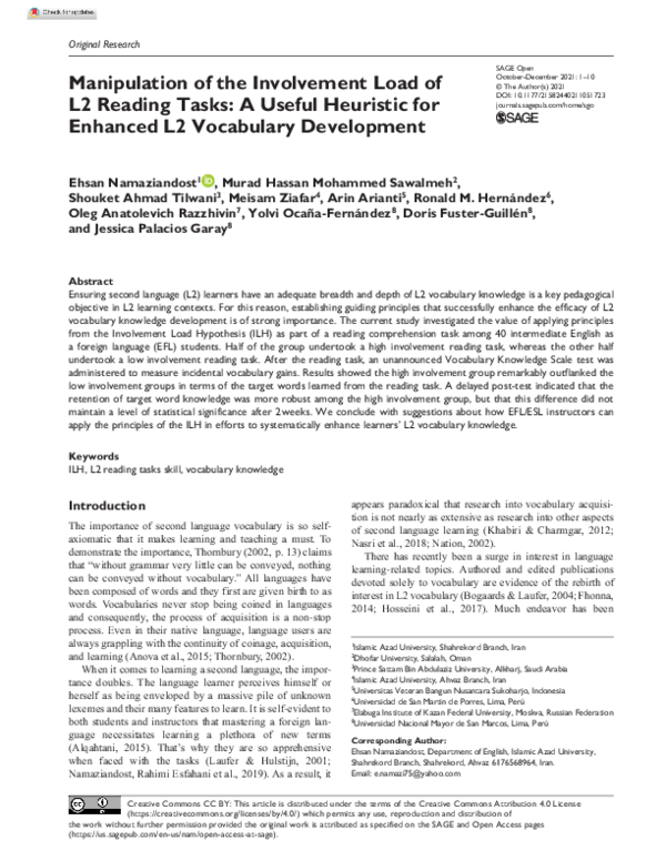 (PDF) Manipulation of the Involvement Load of L2 Reading Tasks: A Useful Heuristic for Enhanced ...