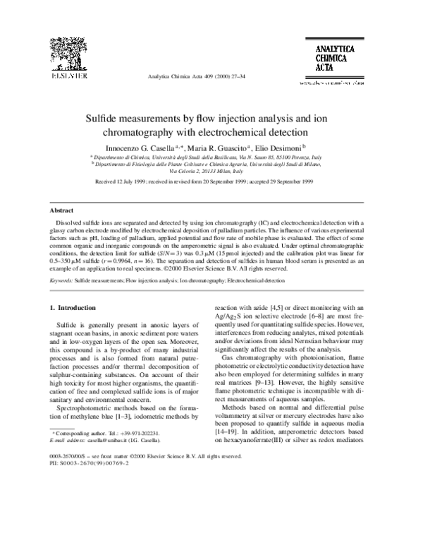 Pdf Sulfide Measurements By Flow Injection Analysis And Ion Chromatography With