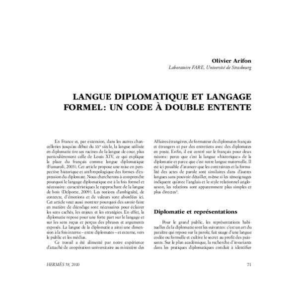 (PDF) Langue diplomatique et langage formel : un code à double entente
