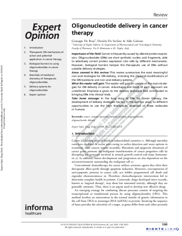 (PDF) Oligonucleotide delivery in cancer therapy