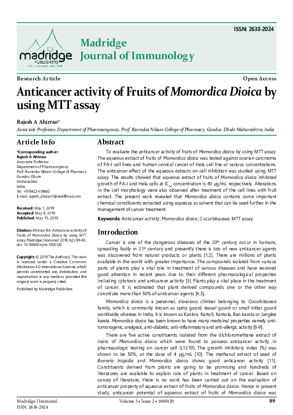 (PDF) Anticancer activity of Fruits of Momordica Dioica by using MTT assay