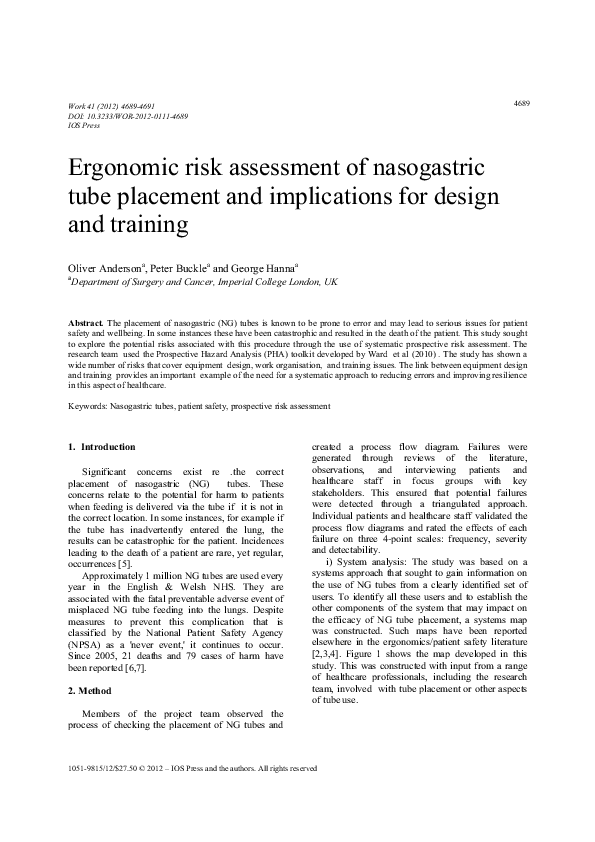 (PDF) Ergonomic risk assessment of nasogastric tube placement and ...