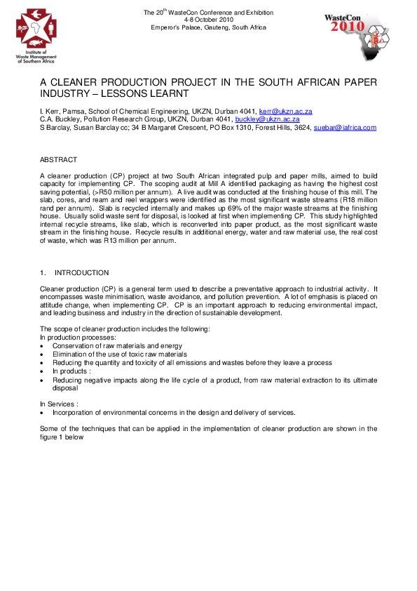 (PDF) A Cleaner Production Project in the South African Paper Industry ...