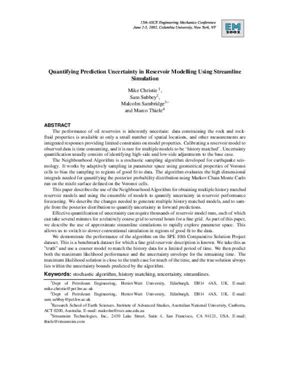 (PDF) Quantifying Prediction Uncertainty in Reservoir Modelling Using Streamline Simulation