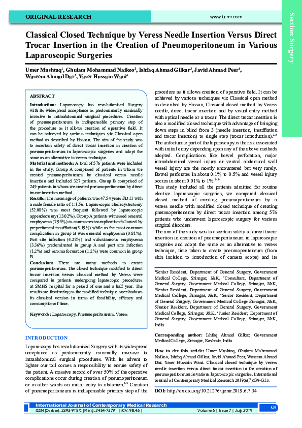 (PDF) Classical Closed Technique by Veress Needle Insertion Versus ...